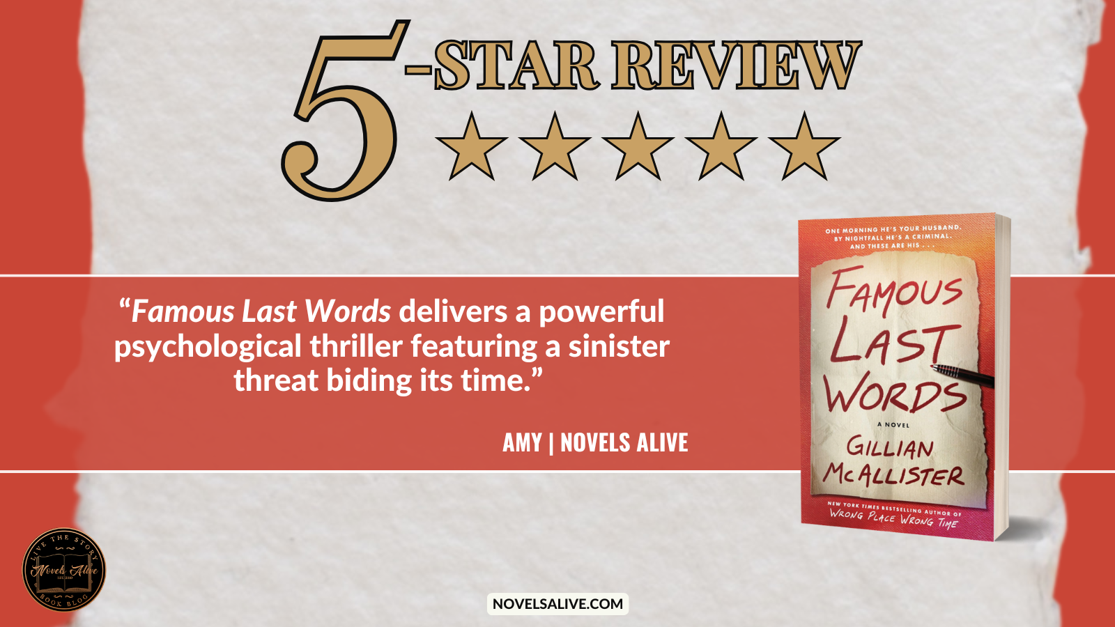 Novels Alive | 5-STAR REVIEW: FAMOUS LAST WORDS by Gillian McAllister
